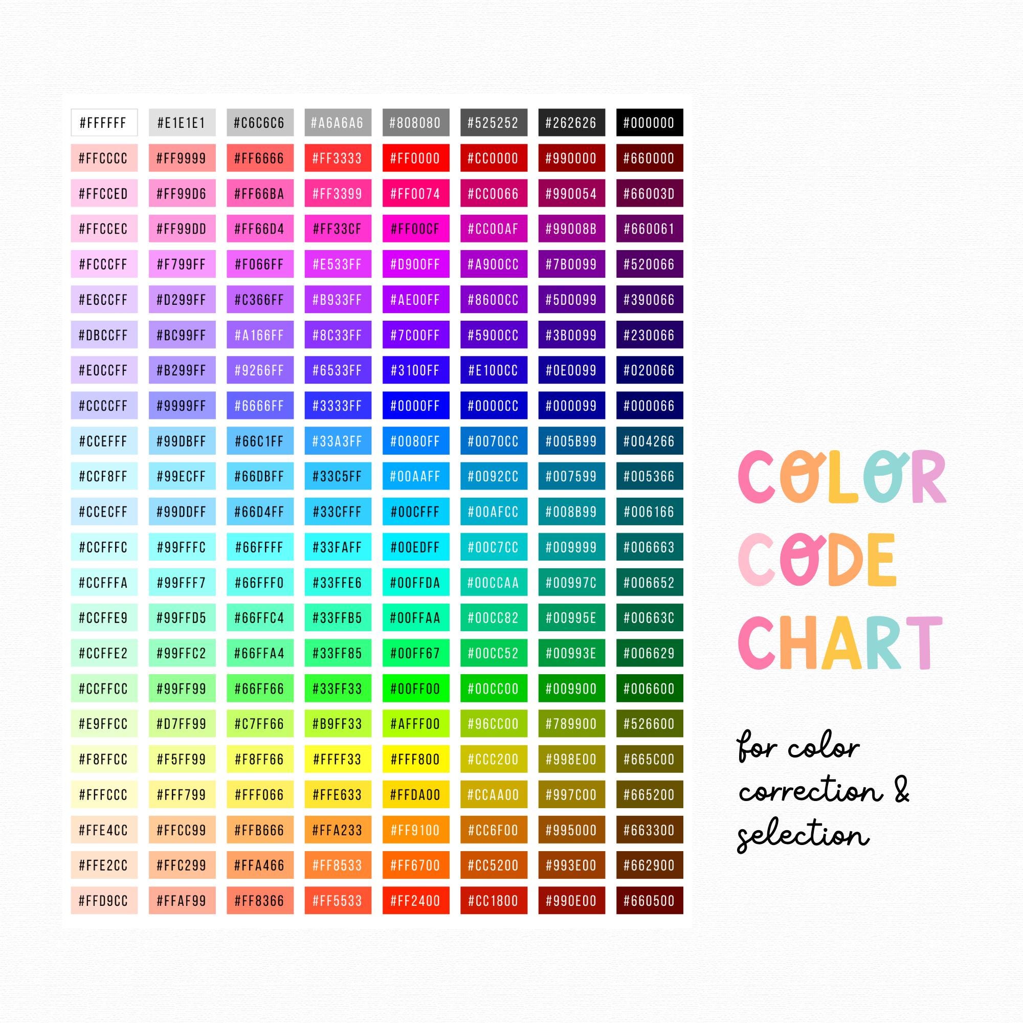 Color Correction HEX Code Color Chart Printable Designer Quick ...