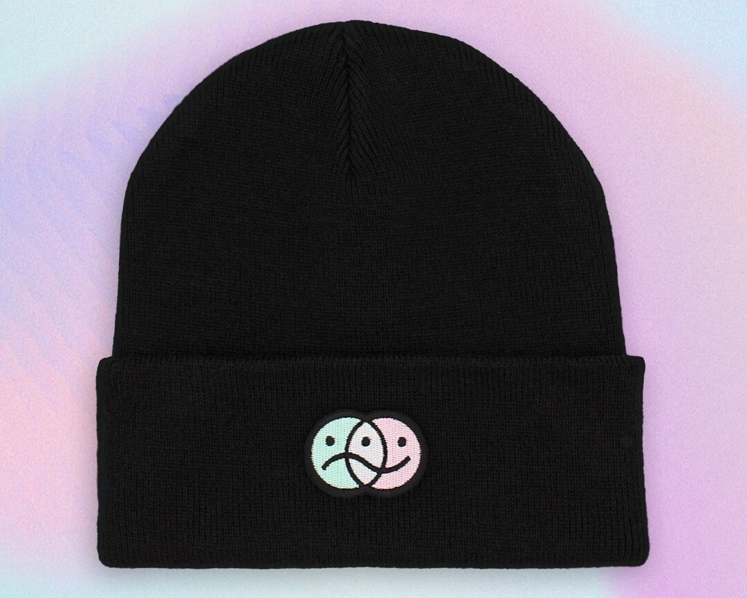 Pastel Happy Sad Face Beanie Black Hat - Unisex Embroidered Cute Pink ...