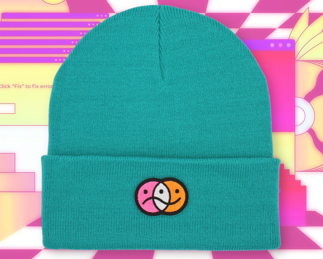 Neon Happy Face Beanie Teal Hat - Embroidered Cute Vaporwave Emo Y2K ...