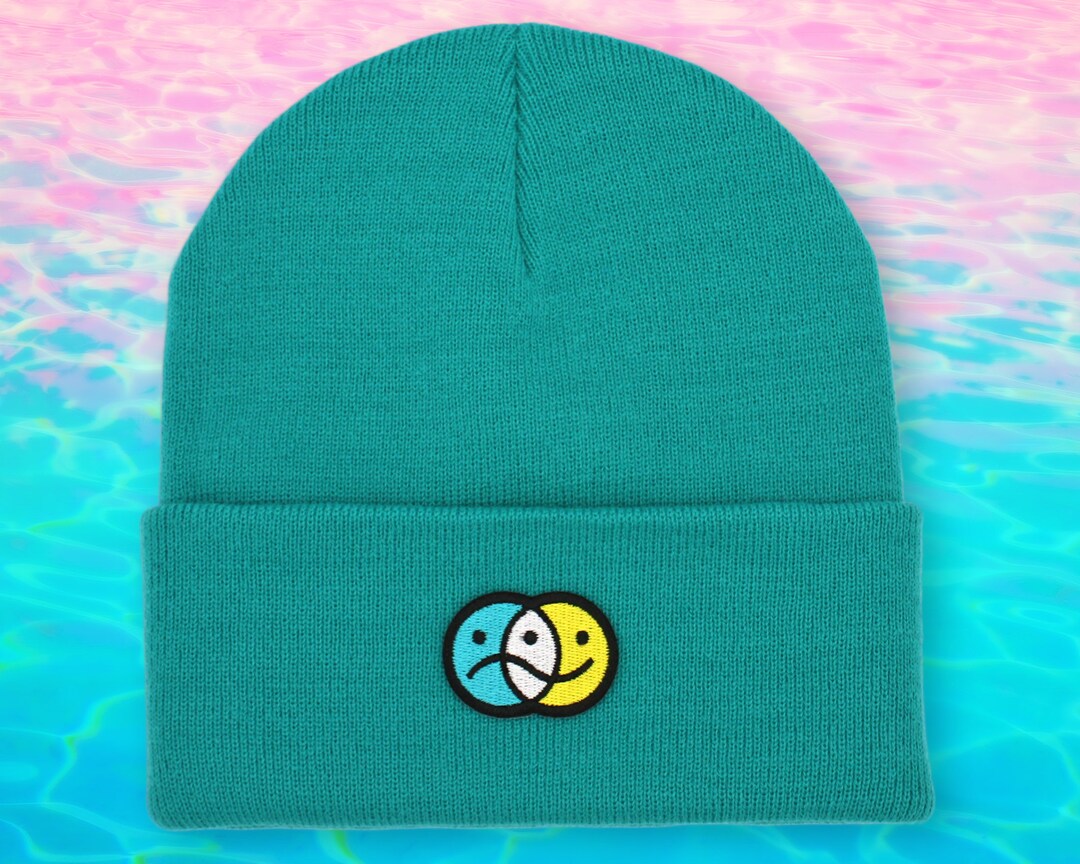 Sad Smiling Face Beanie Teal Hat - Embroidered Cute Vaporwave Emo Y2K ...