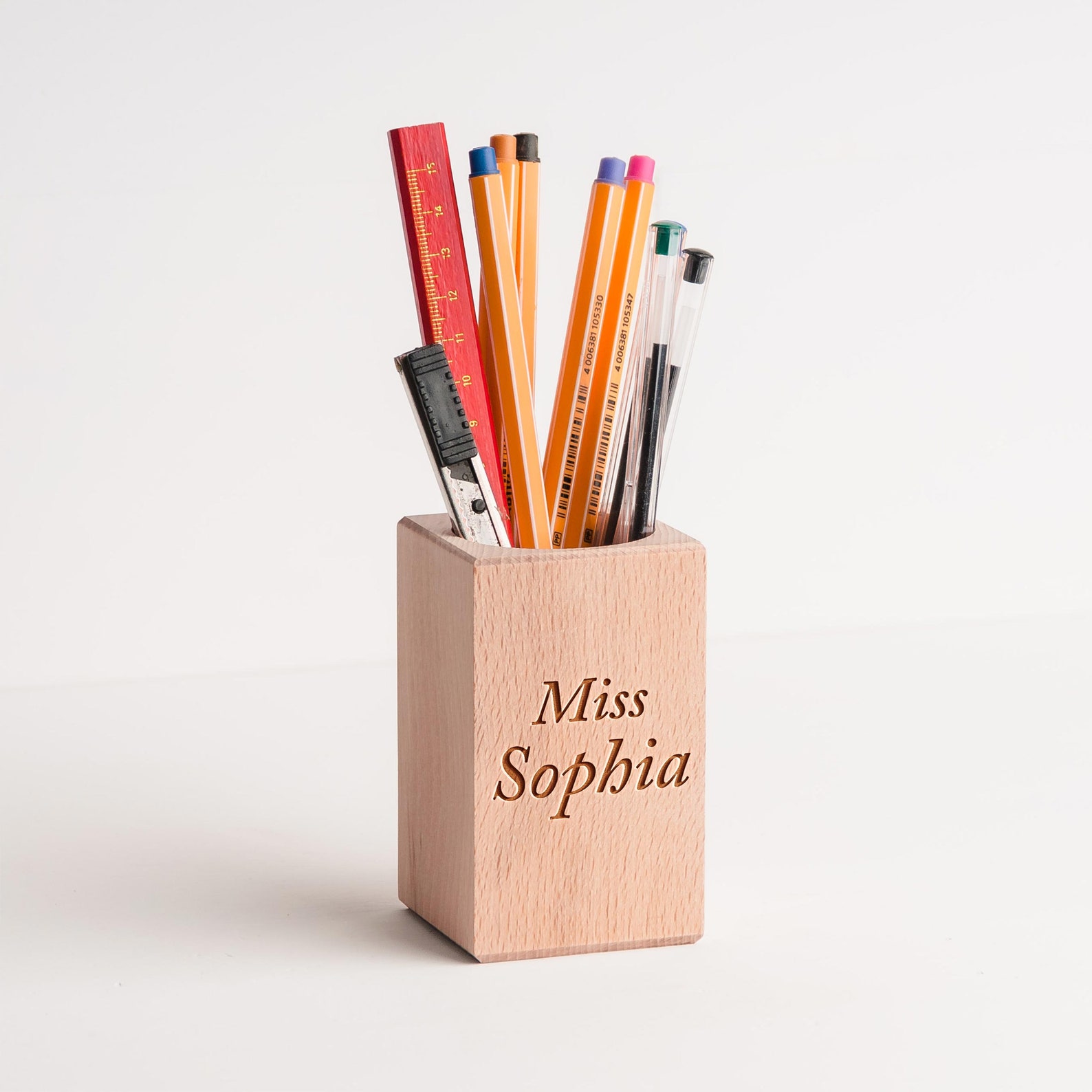 Pen and Pencil Holder for Desk - Square Wooden Pencil Pot ...
