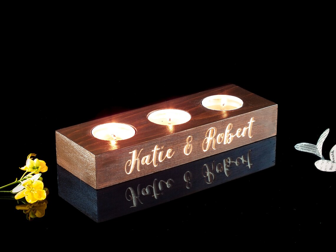 Personalized Wooden Tea Light Holder Triple Custom Couple - Etsy