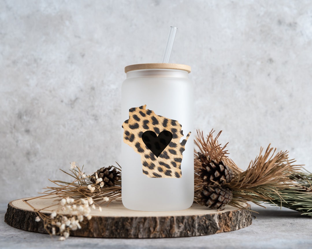 Wisconsin Leopard Beer Can Glass - 16 Oz With Straw and Bamboo Lid ...
