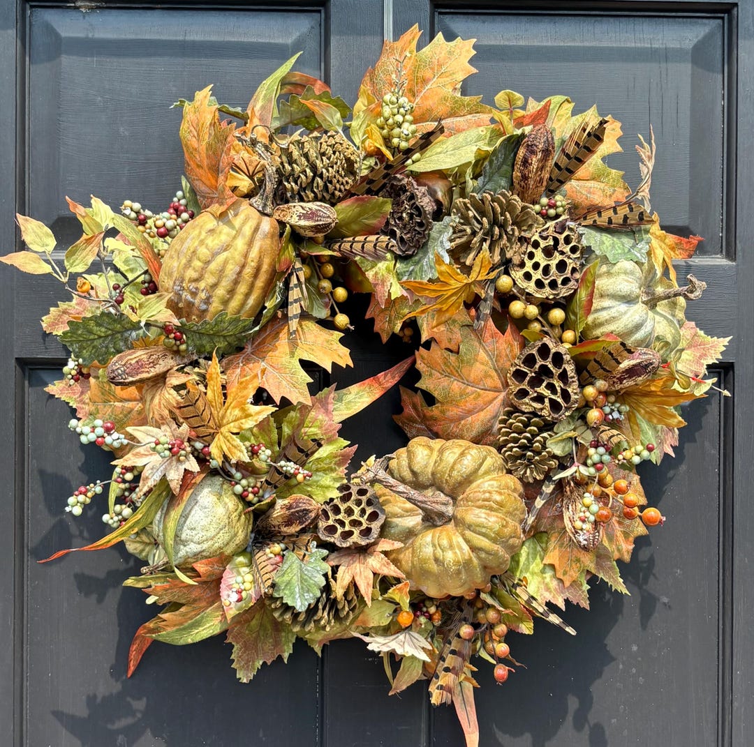 Fall Foliage Wreath – Pumpkins, Gourds, Pheasant Feathers, 22 Inch - Etsy