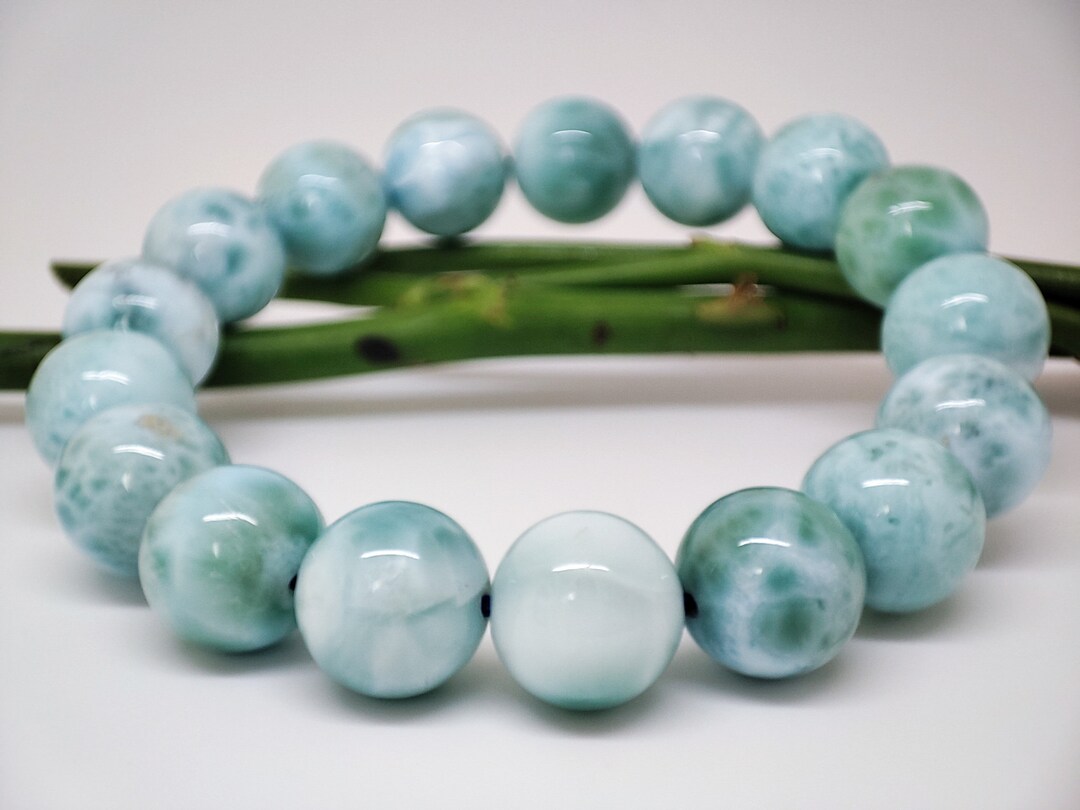 Natural Larimar Bracelet.genuine Larimar Beads Bracelet.17 Larimar Beads 17 Mm. Round Shape ...