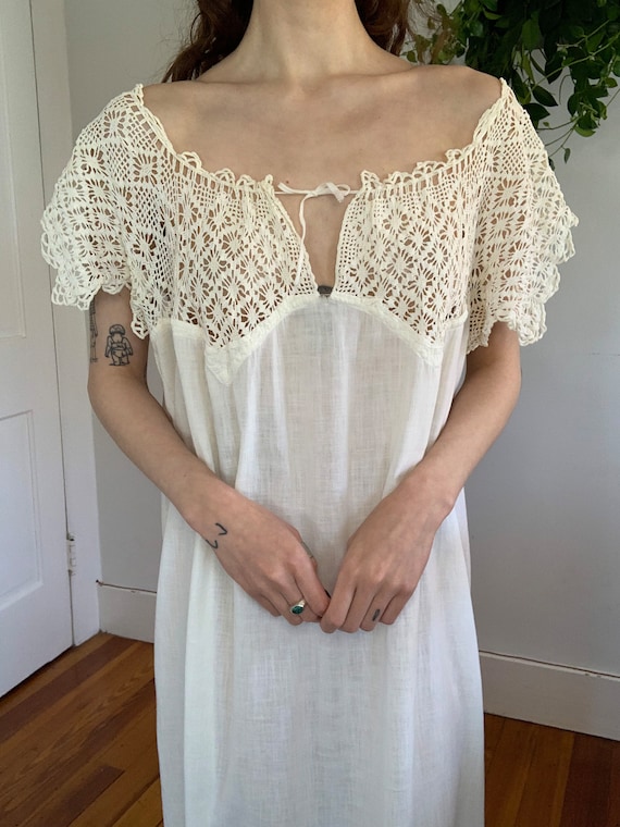 Antique 20s Edwardian Crochet Night Dress / Size L - Gem