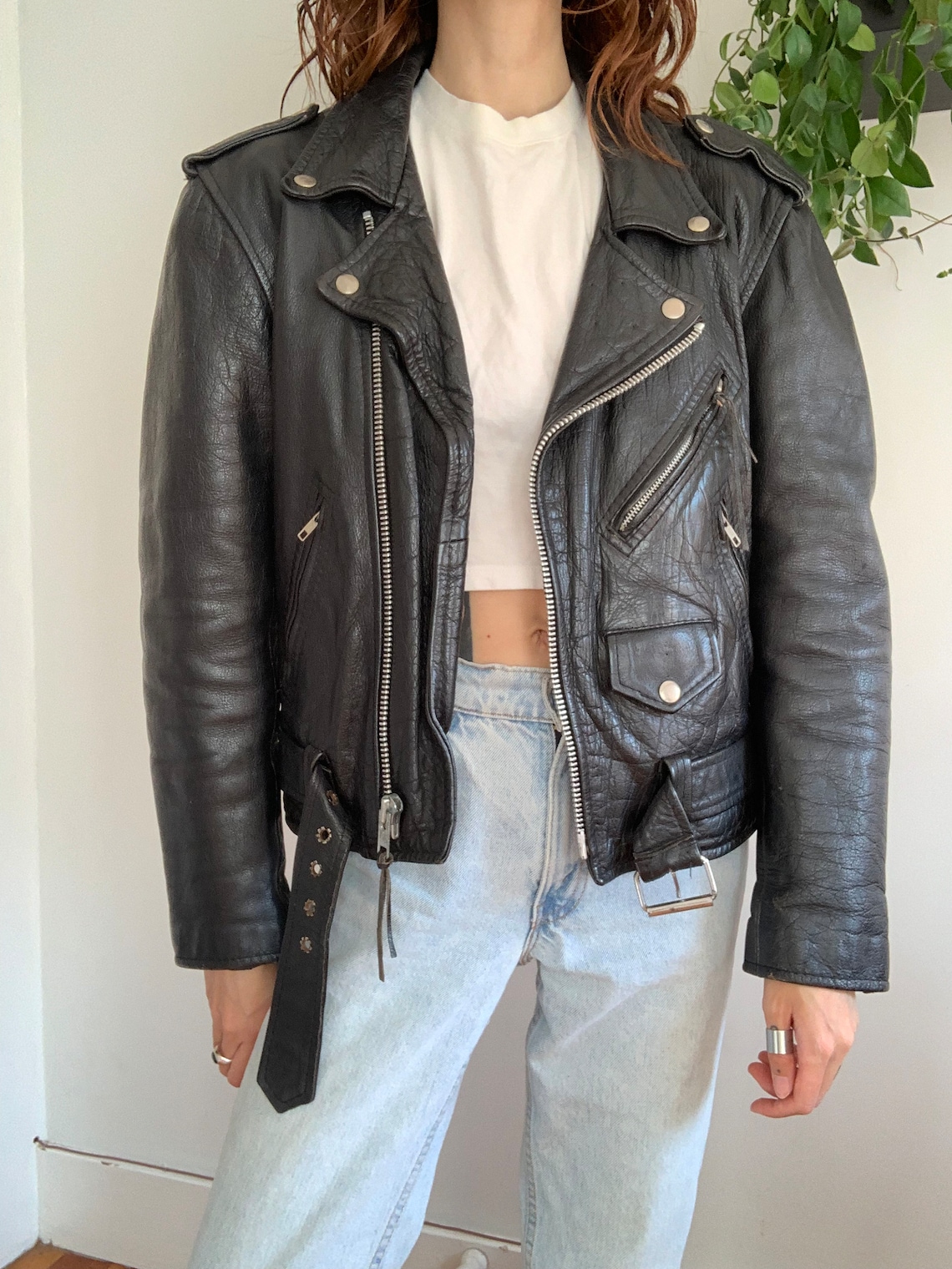Vintage 80s Leather Motorcycle Jacket / Size XS - Etsy