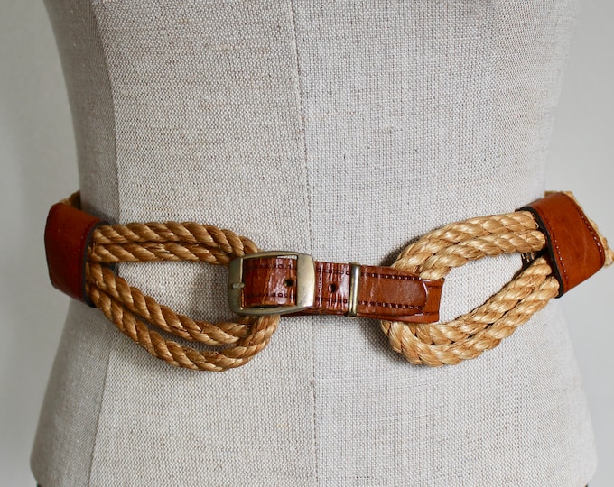 Vintage Rope & Leather Belt Hand Made Belt Elastic Rope Belt Boho Hippy ...