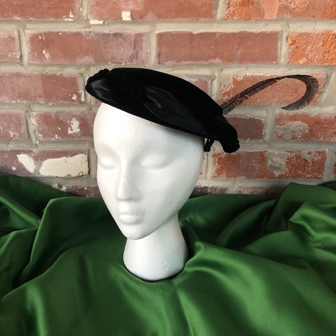 Vintage Mid Century Poet Fascinator Black Velvet Hat With Feather 1950s ...