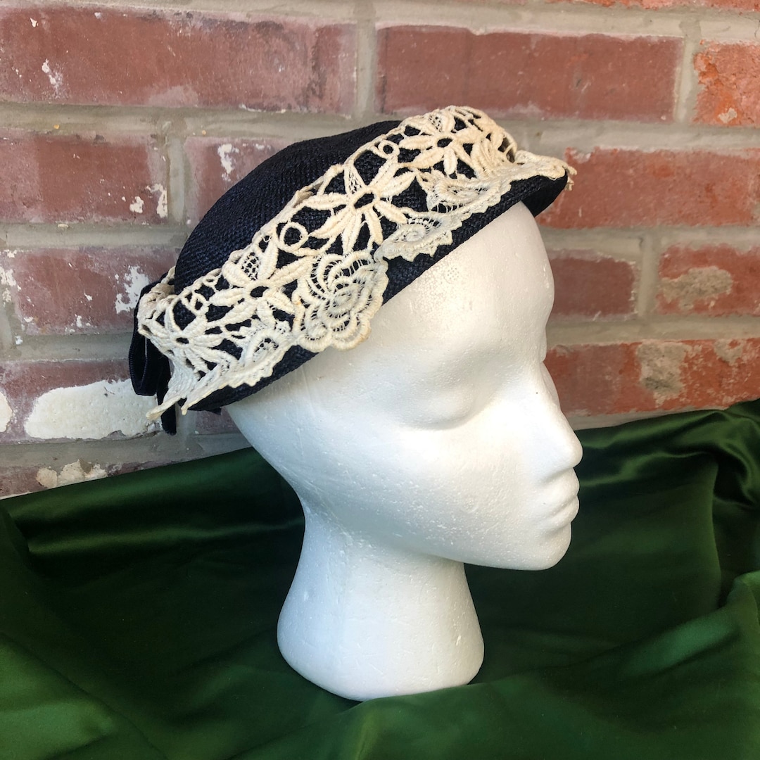 Vintage 1960s Lace Hat | 60s Fascinator Navy Blue Famous Barr Co Duby ...