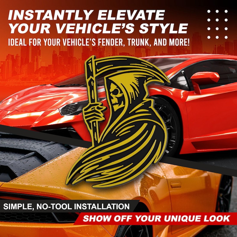Grim Reaper Emblem, Yellow 3D Badge Decal Accessory for Truck, SUV ...
