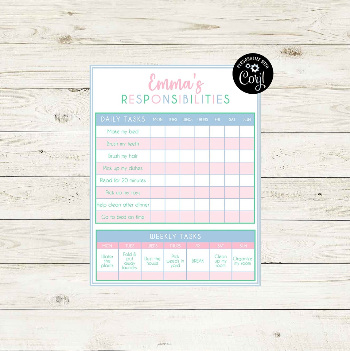 Editable Chore Chart Template Customizable and Printable PDF Daily ...