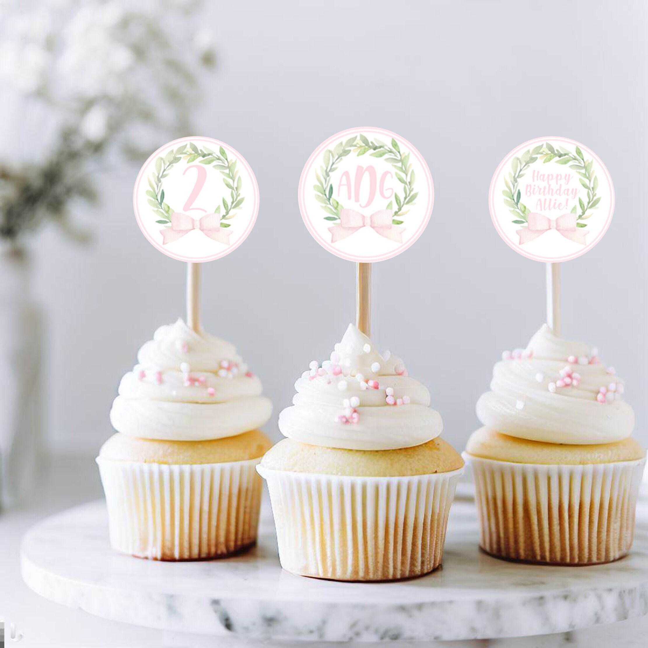 Pink Monogram Cupcake Toppers Pink Bow Monogram Template Digital Download / Print From Home ...