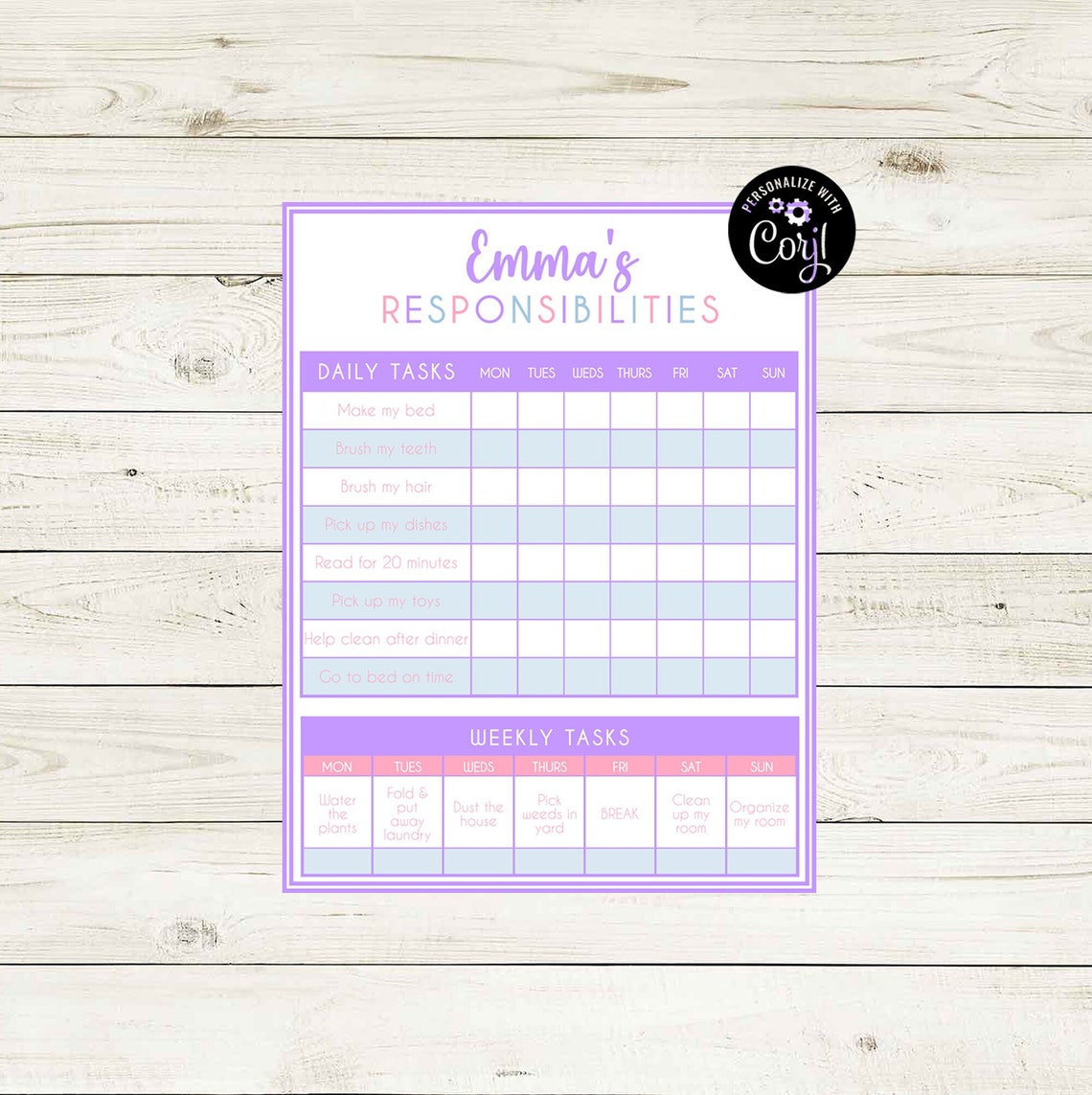 Editable Chore Chart Template Customizable and Printable PDF Daily ...