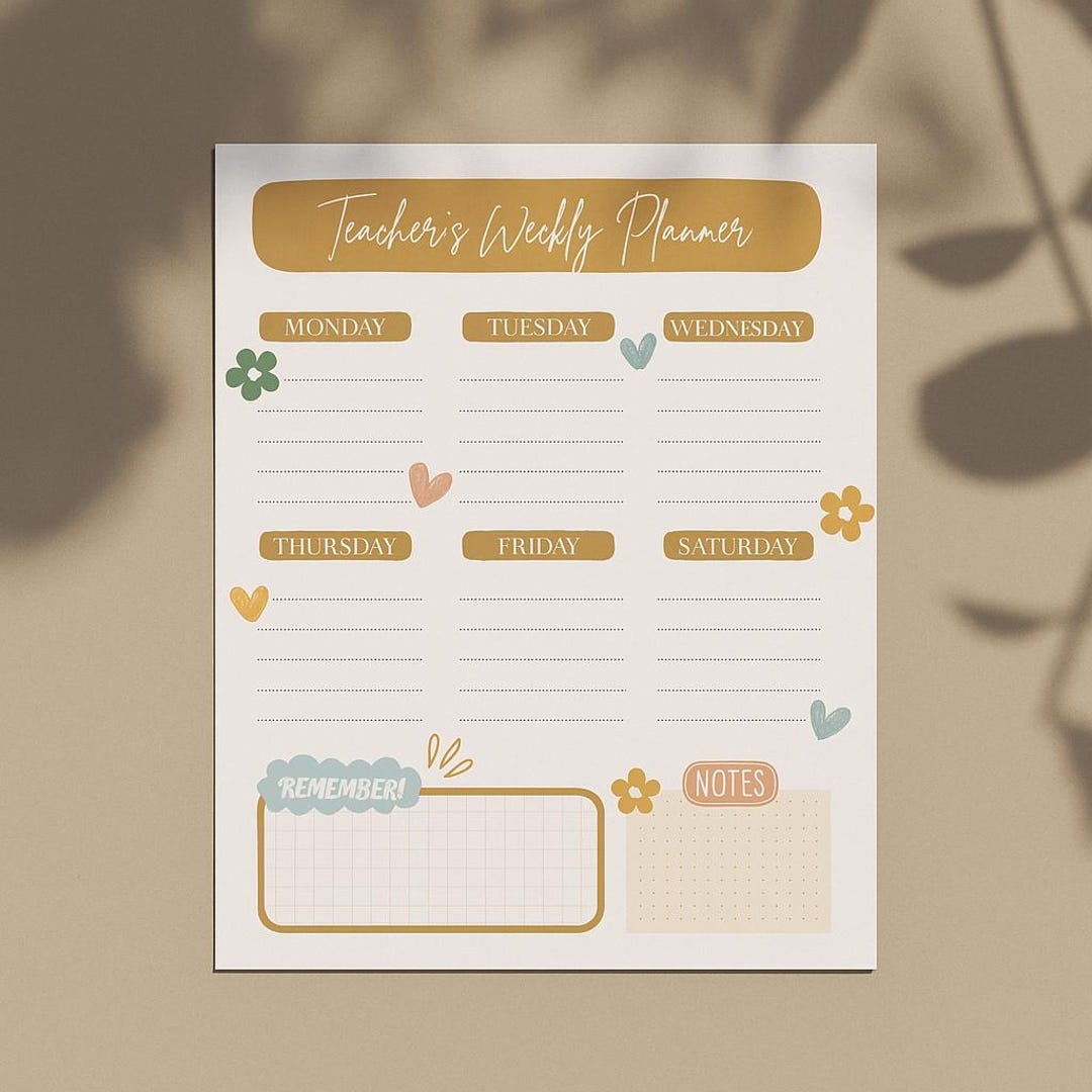 Teacher Weekly Planner, Weekly Checklist, Printable, Digital Teacher ...