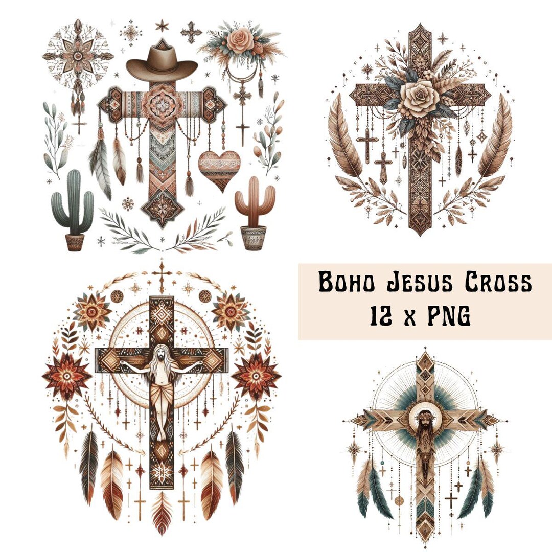 Boho Jesus Cross PNG Bundle for Christian T-shirts, Faith-based Apparel ...