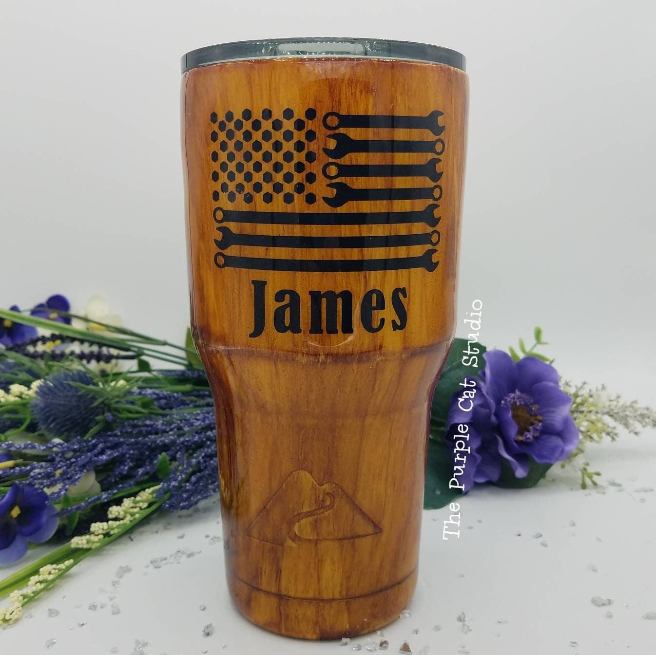 Wood Grain Mechanic Flag Tools Logo Stainless Steel Double Wall ...