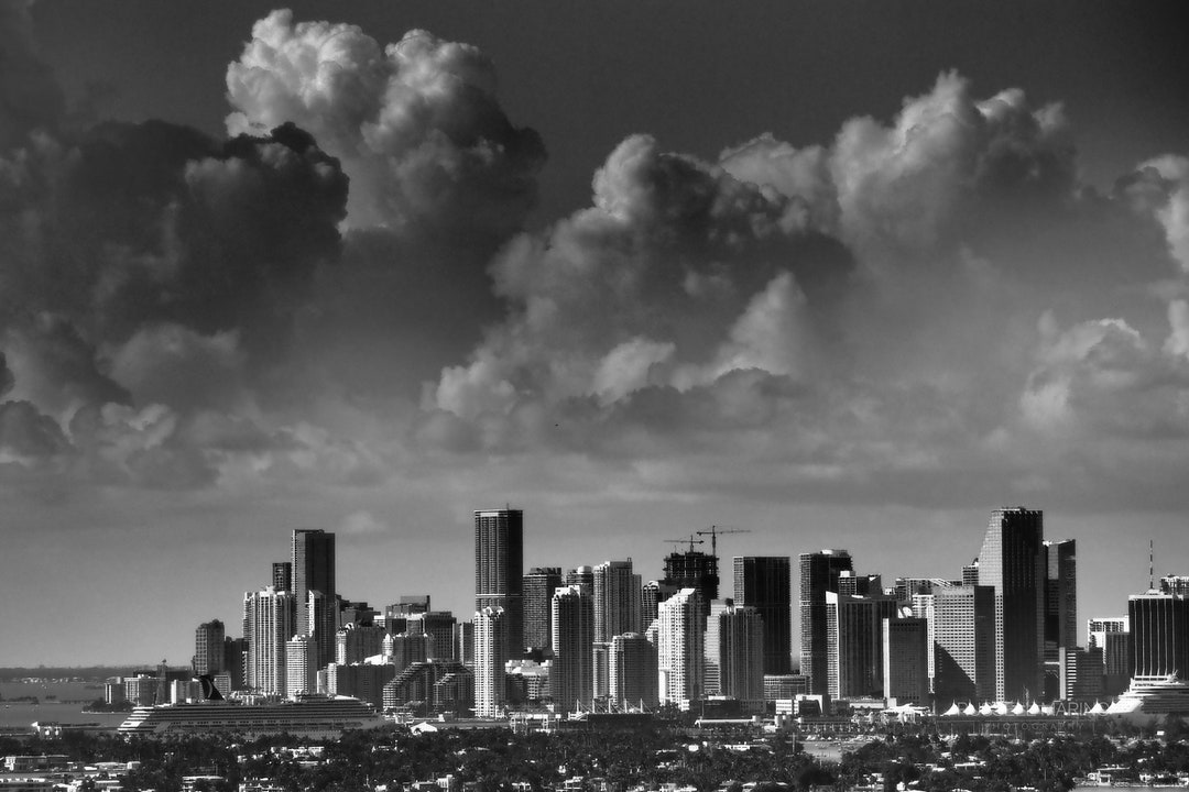 Miami City Skyline With Dramatic Clouds Black and White Photo - Etsy