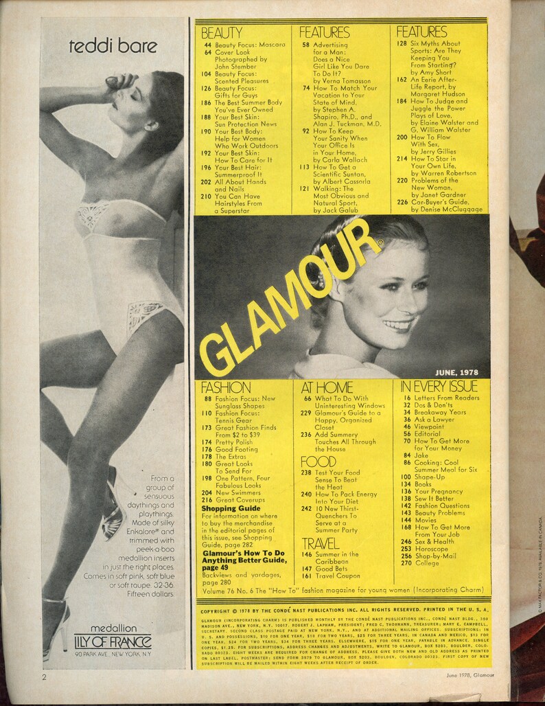 Vintage Glamour Fashion Magazine/june 1978/cover Model Shaun Casey /swimsuits/cover-ups/teens - Etsy