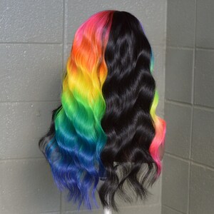 18" Human Hair HD Lace Front Wig, Half Rainbow Half Black Hair Quad ...