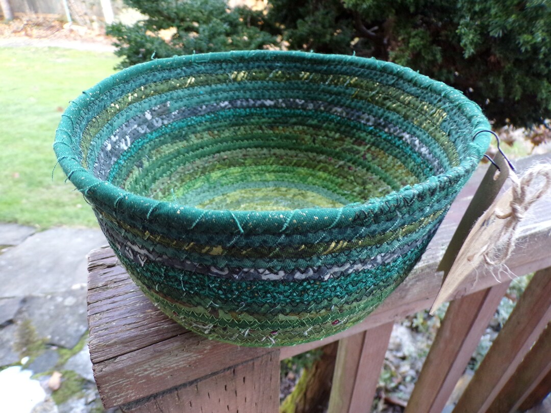 Handmade Green Scrap Fabric Coiled Wrap Basket, Round Fabric Storage ...