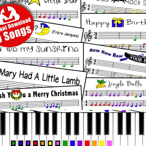 9 SONG PACK Color Coded Beginner Piano Music Sheets - Etsy