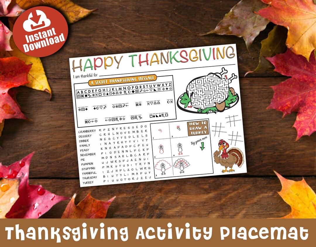 Thanksgiving Kids Activity Placemat: Maze, Word Search, Decoder ...