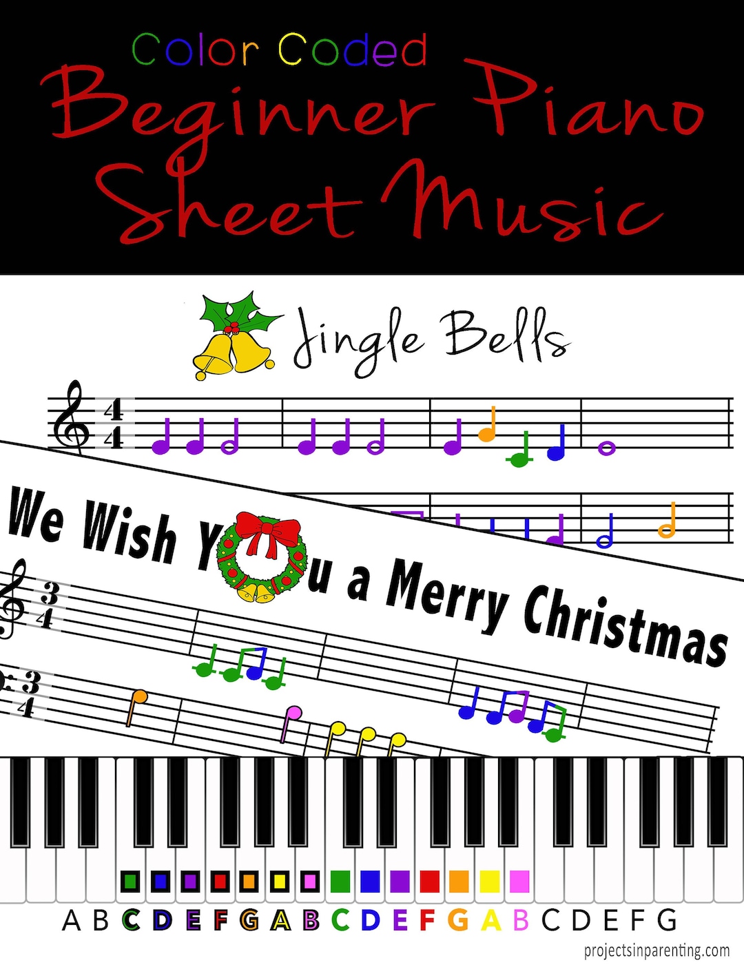 Color Coded Christmas Piano Music Sheets for Beginners (PDF) - Etsy ...