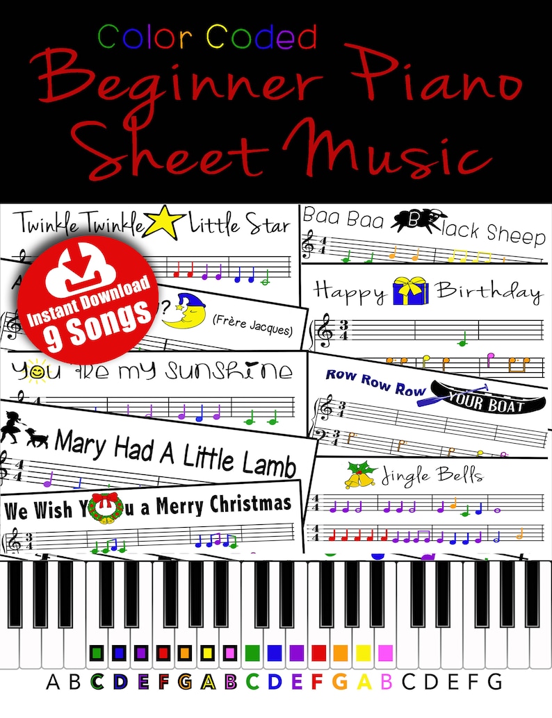 9 SONG PACK - Color Coded Beginner Piano Music Sheets - Etsy