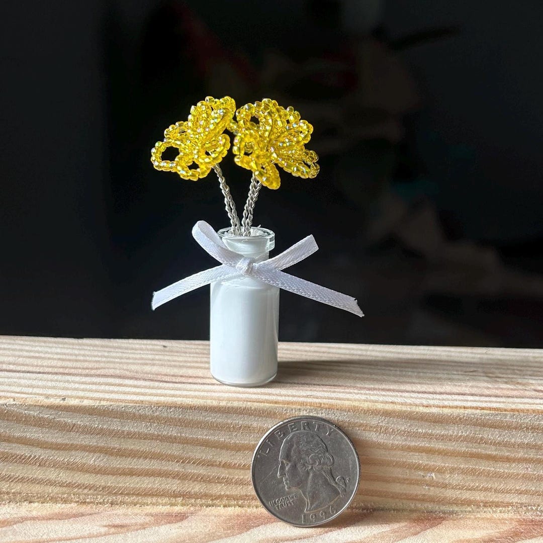 Mini Yellow Beaded Flower Bouquet Miniature Art, Floral Arrangement ...