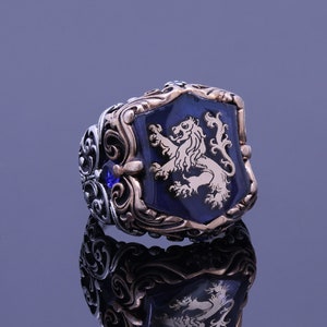 Mens Lion Rampant Ring, Exclusive Scottish Ring, Blue Pearl Stone ...
