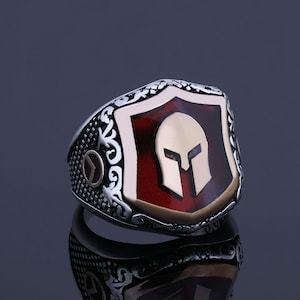 Unique Spartan Ring, Gladiator Mask CUSTOMIZED Warrior Ring, Red Pearl ...