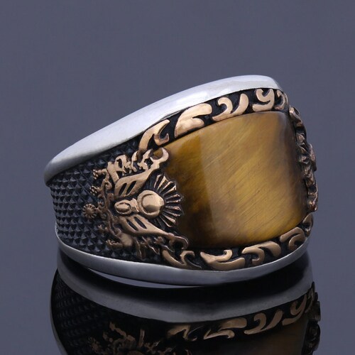 Mens Brown Tiger Eye Wedding Band Vintage Heraldic Sterling - Etsy