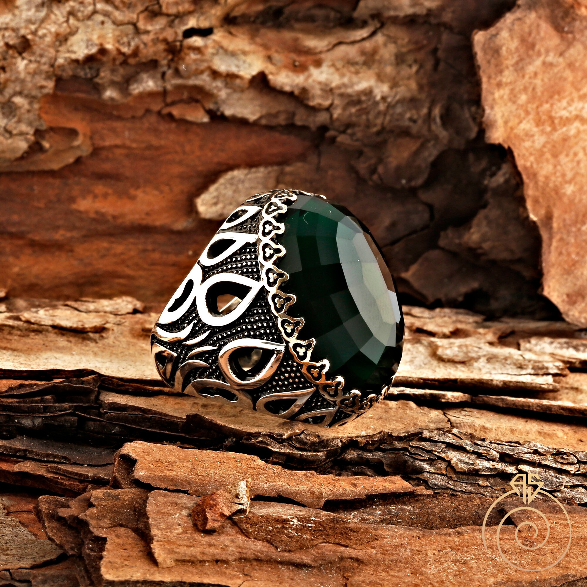 Men Emerald Big Ring For Men Unique Huge Carved Engrave | Etsy