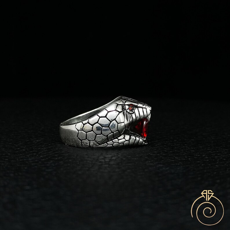 Mens Snake Head Ring Cobra Design Silver Fancy Animal Signet Ruby Cool ...