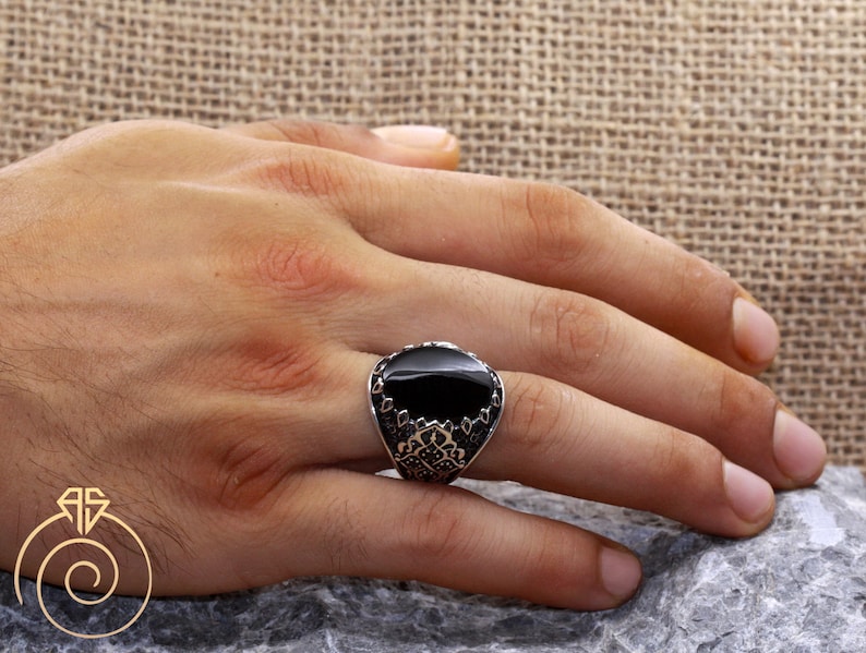 Men's Black Stone Ring Silver Onyx Engagement Ring | Etsy