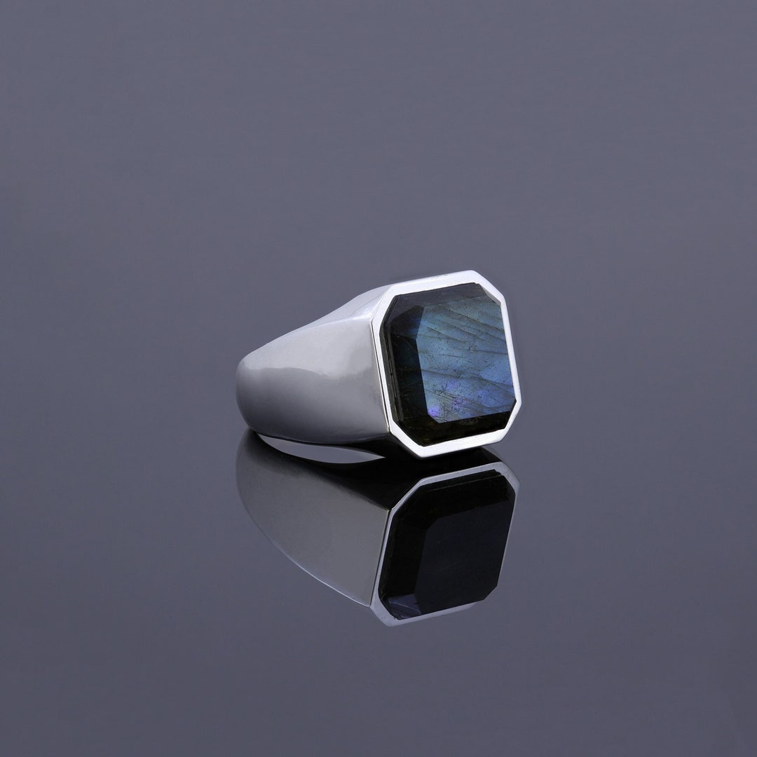 Octagon Handmade Ring, Solid Silver / Gold Plain Ring, Unisex Labradorite Ring, Mystic Gemstone ...