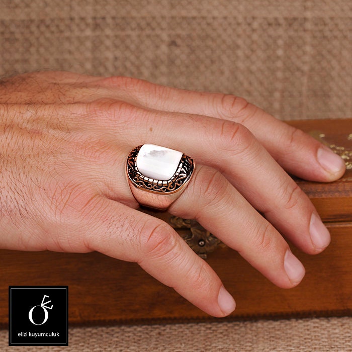 Mens White Gemstone Cocktail Ring Sterling Silver Mother Of | Etsy