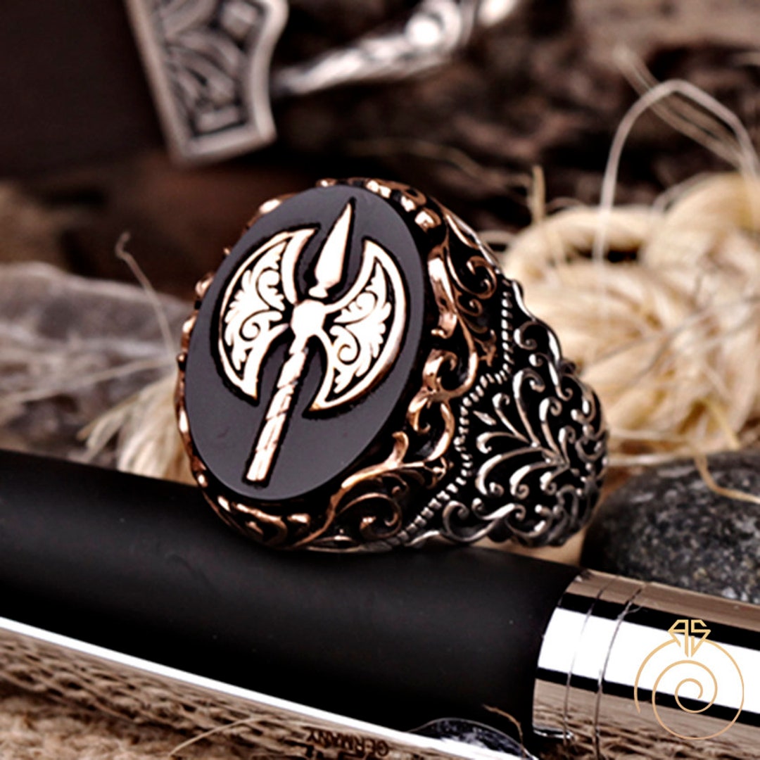 Mens Warrior Rings Ax Onyx Spartan Galdiator Heraldic Ring for Men ...