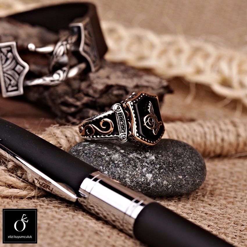 Mens Black Gemstone Shield Ring Custom Symbol Onyx Statement - Etsy