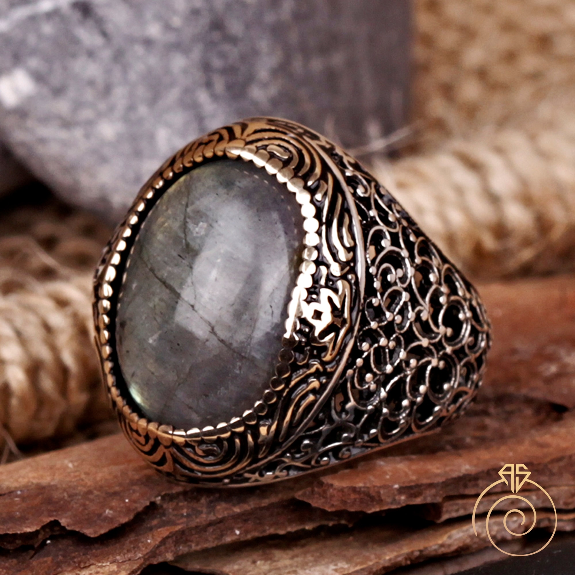 Mens Labradorite Ring, Vintage Silver Green Gemstone Engagement Ring ...