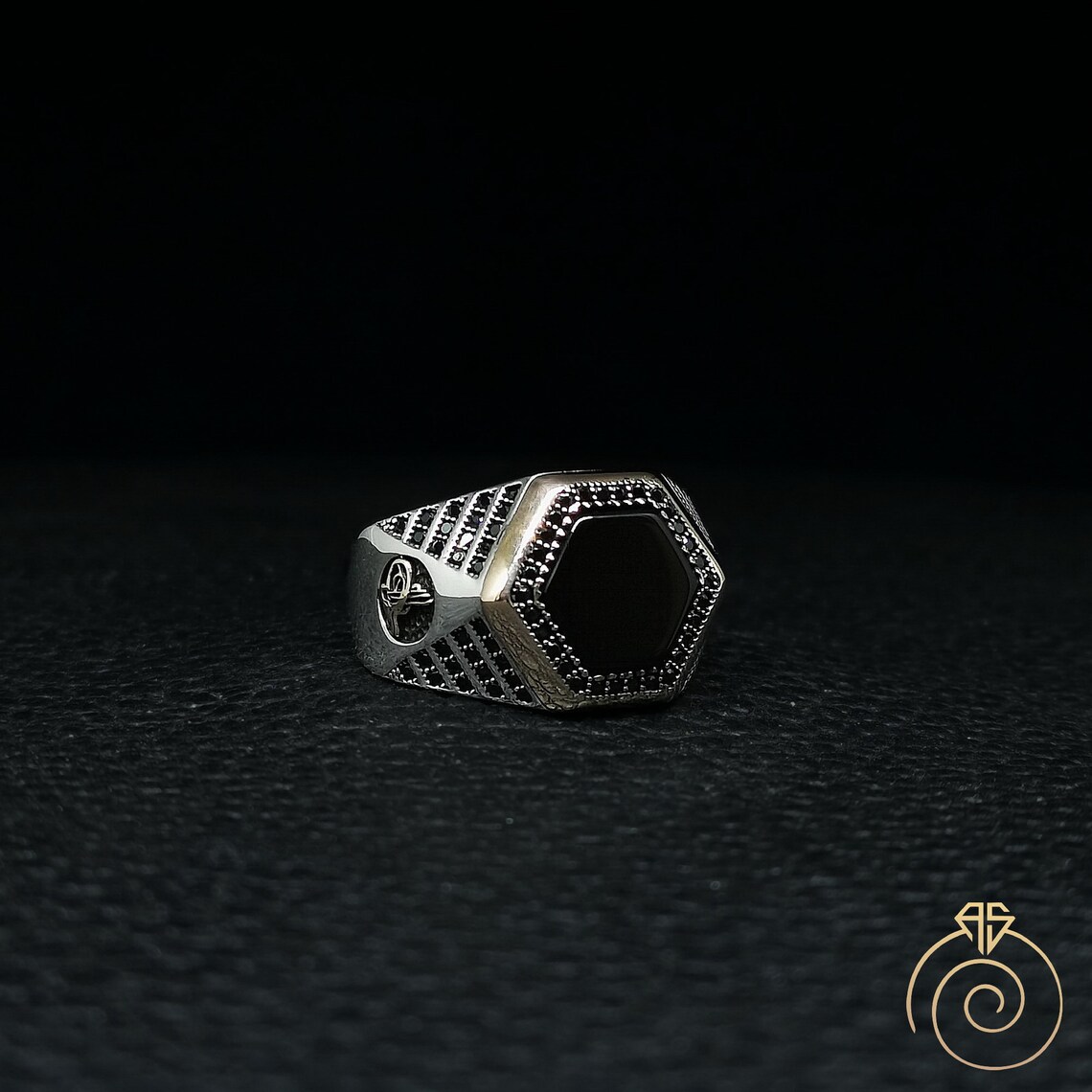 Men's Hexagon Ring Sterling Silver Black Gemstone | Etsy