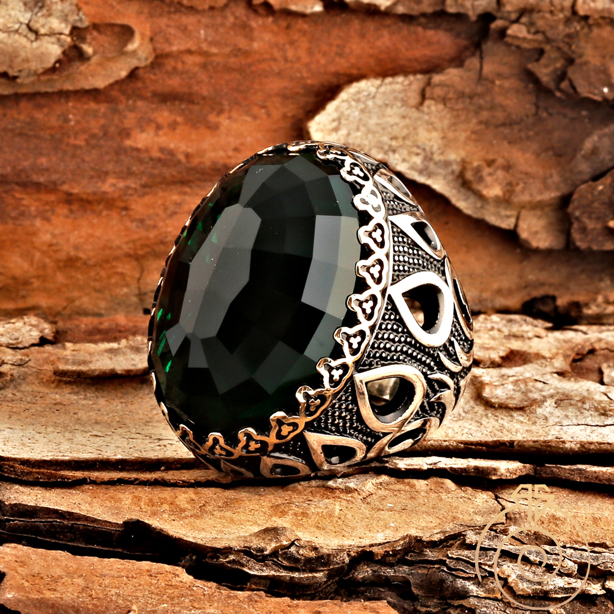 Men Emerald Big Ring For Men Unique Huge Carved Engrave | Etsy