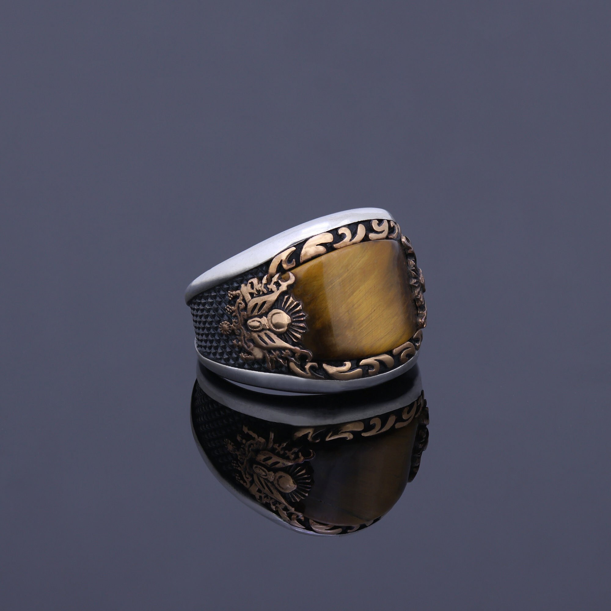 Mens Brown Tiger Eye Wedding Band Vintage Heraldic Sterling - Etsy