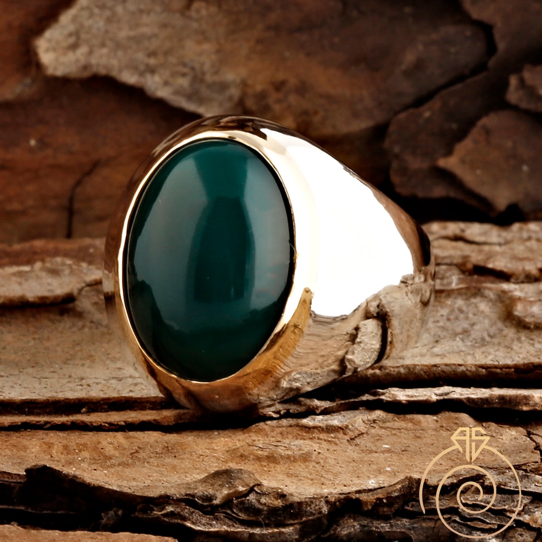 Unique Curved Mens Aqeeq Gemstone Occult Ring, Custom Silver Green ...