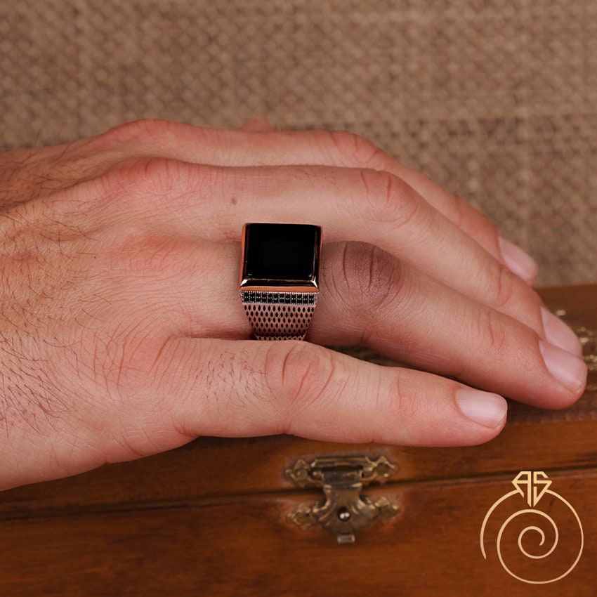 Unique Men's Black Stone Ring Silver Onyx Square Stone | Etsy