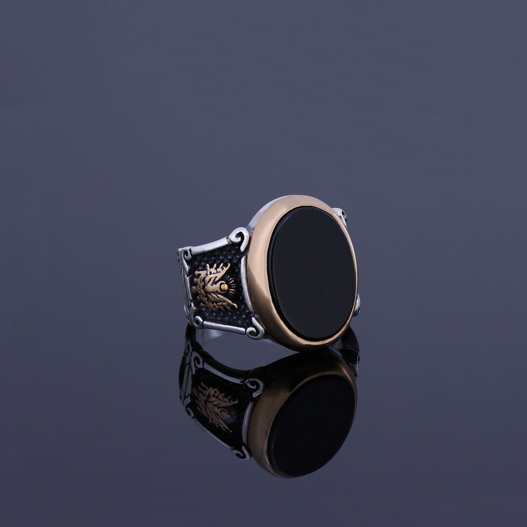 Men's Black Stone Ring, Silver Onyx Engagement Ring, Unique Gemstone ...