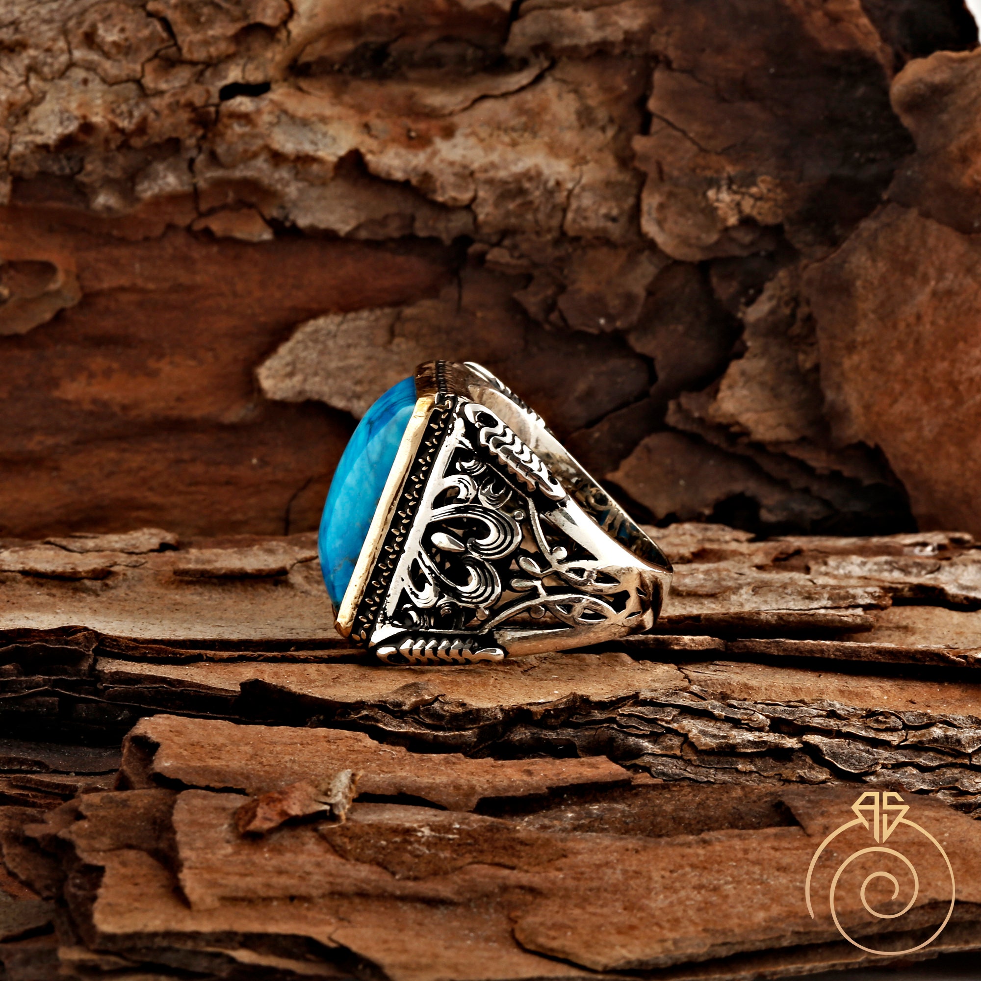 Mens Rectangle Turquoise Ring Huge Silver Vintage Rings For | Etsy