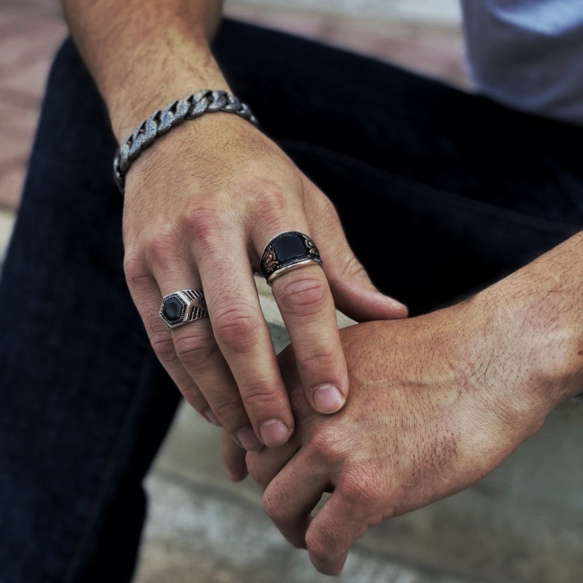 Mens Black Gemstone Cocktail Ring Custom Signet Sterling - Etsy