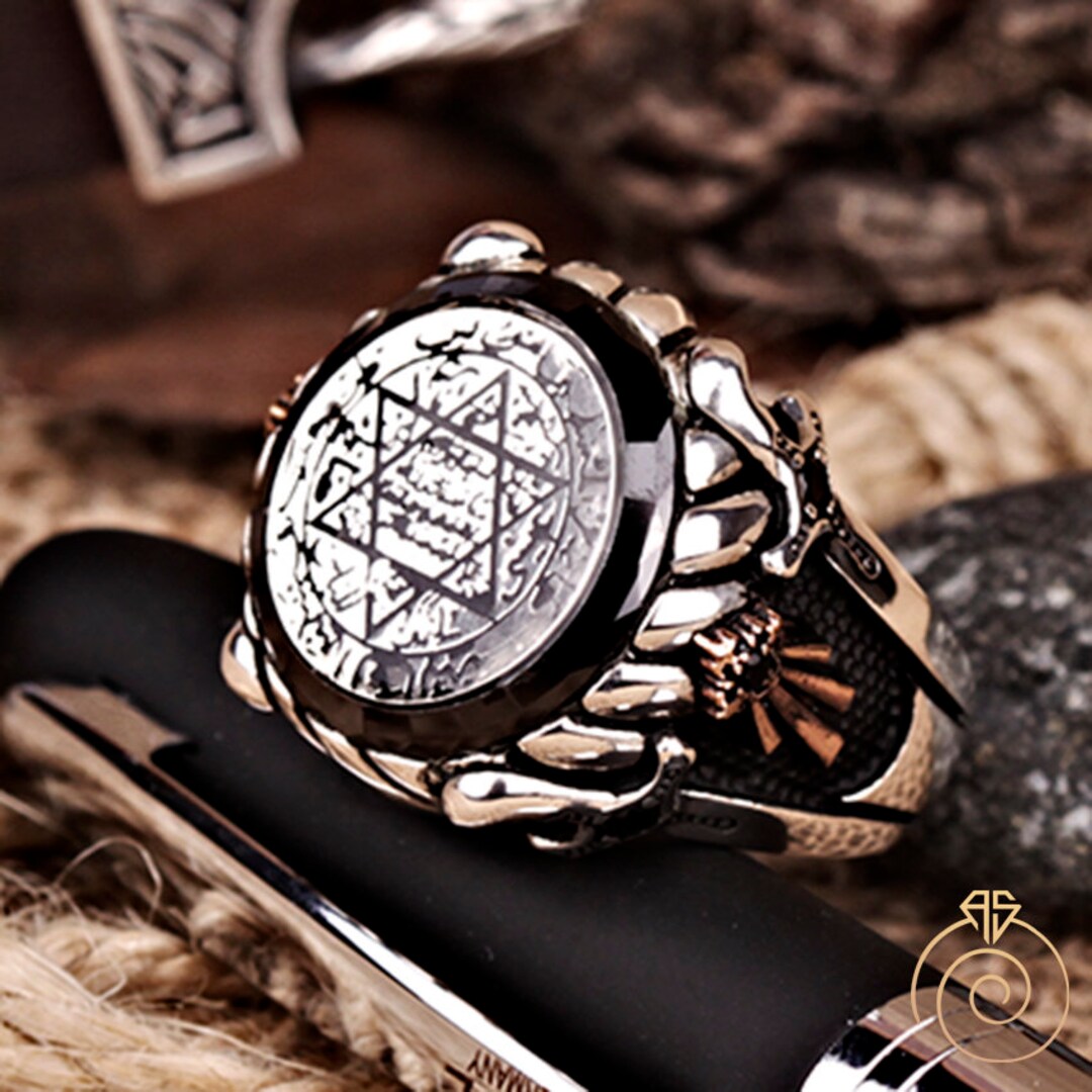Seal of Solomon Signet Ring, Mens Sword Jewelry Vintage Engraved Silver ...